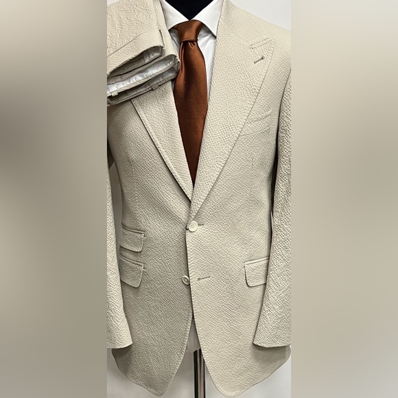 Suits & Blazers | Beige Super 15 Cerruti Seersucker Peak Lapel Wool ...